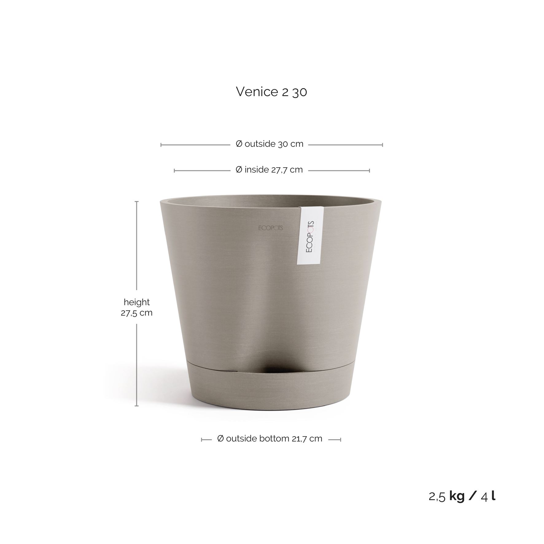 Ecopots bloempot Venice 2 30- Rond - Taupe - Diameter 30 x H27,5 cm Met ...
